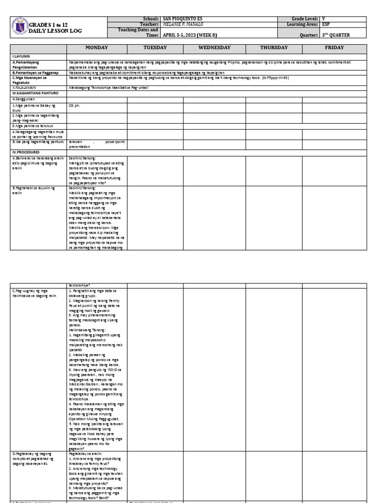 DLL - Esp 5 - Q3 - Week 8 | PDF