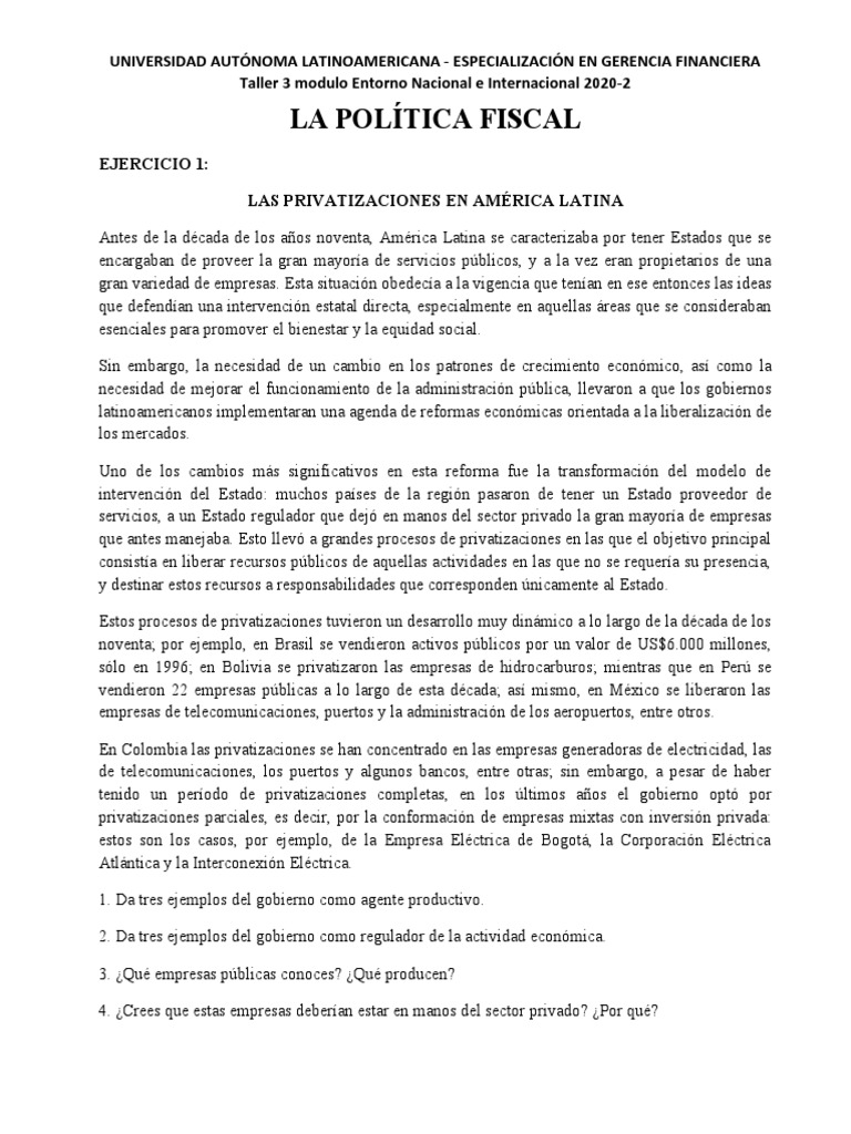 Taller 3 La Política Fiscal Y Monetaria Descargar Gratis Pdf