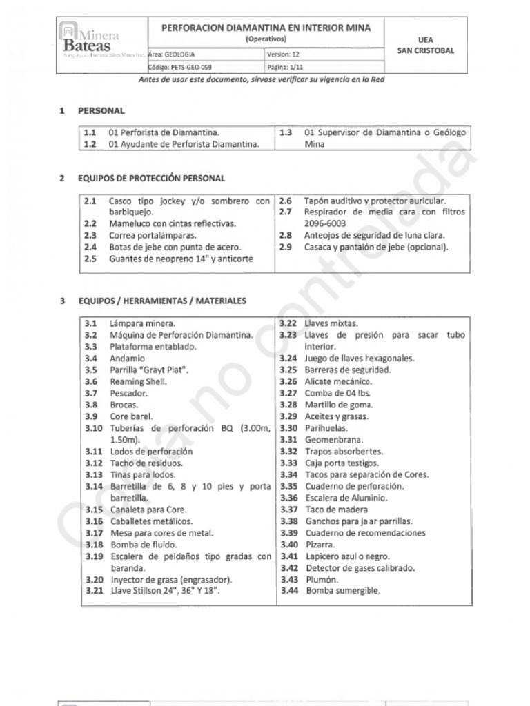 PETS-GEO-059 Perforación Diamantina en Interior Mina V12 | PDF
