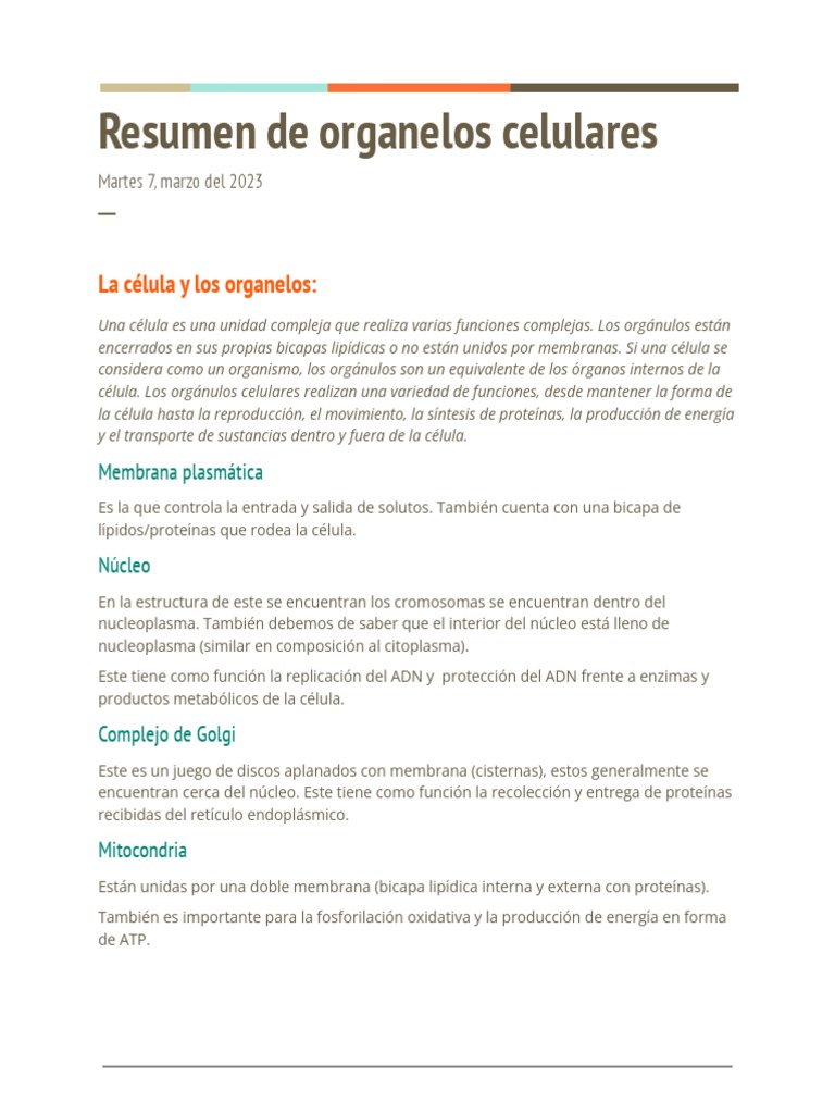 Resumen de Organelos Celulares | PDF | Biología Celular) | Membrana celular