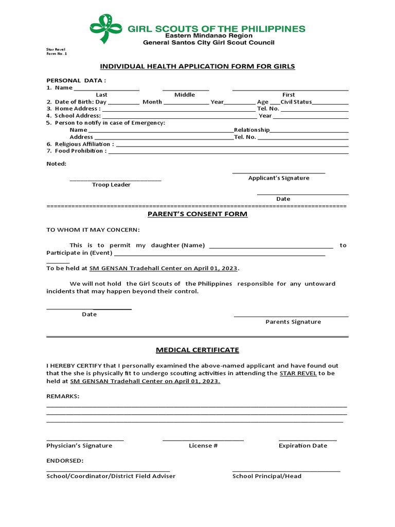 Star Revel APPLICATION FORMS FOR GIRLS With Parents Consent and Health ...