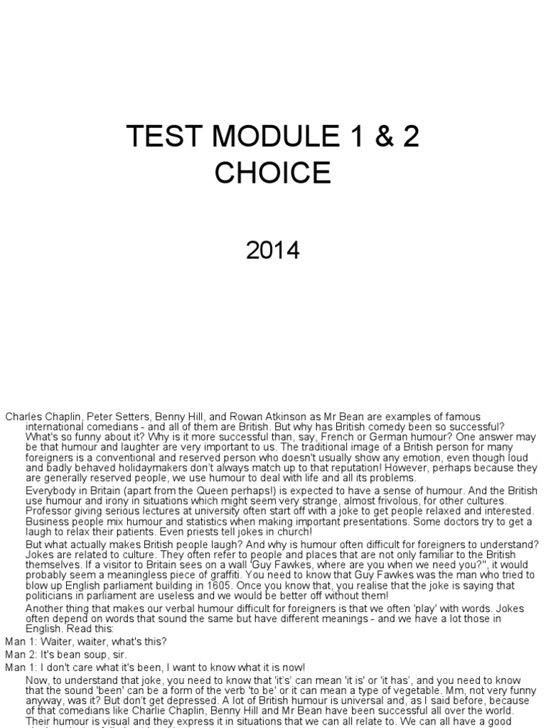 Module 1 & 2 Test | PDF | Humour | Jokes Module 1 & 2 Test | PDF | Humour | Jokes
