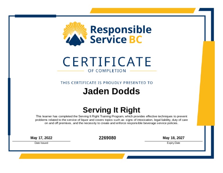 Serving It Right Certification Completion | PDF