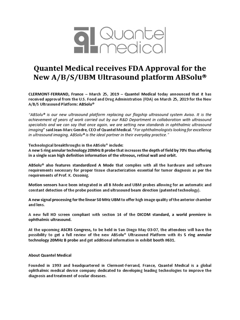 FDA Approval For ABSolu Ultrasound Platform | PDF | Ophthalmology ...