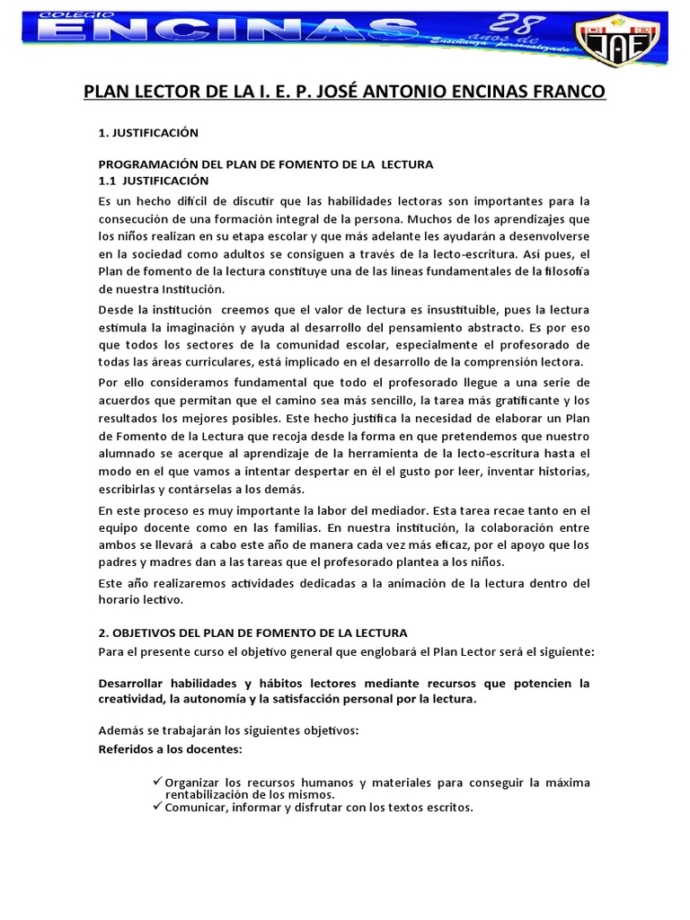 Plan Lector de La I. E. P. José Antonio Encinas Franco | PDF ...