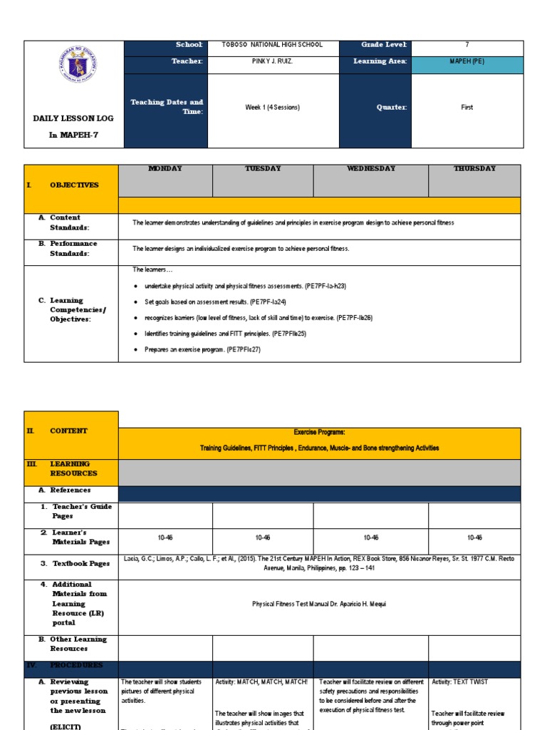 Q1 DLL Pe7 Week1 | PDF | Teachers | Physical Fitness