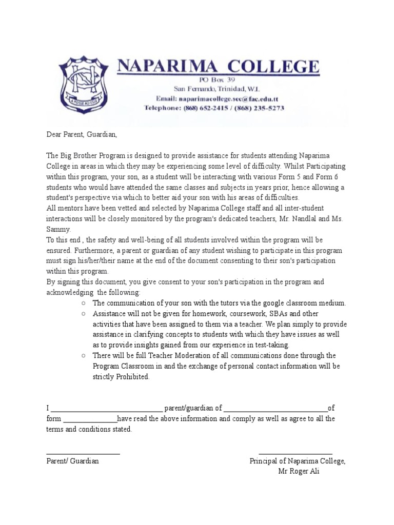 Big Brother Program Consent Form - Providing Academic Support and ...