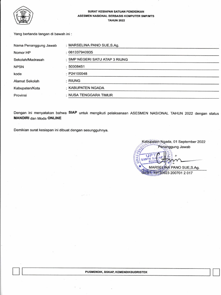 Surat Kesiapan Anbk SMP | PDF