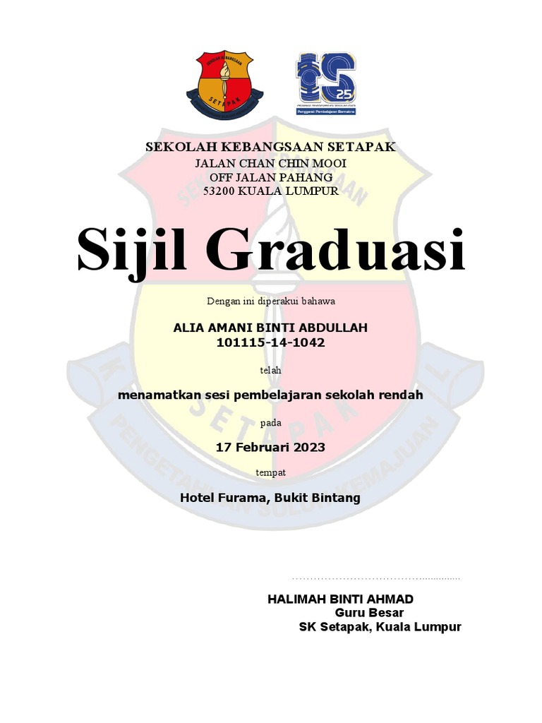 Sijil Graduasi Tahun 6 | PDF
