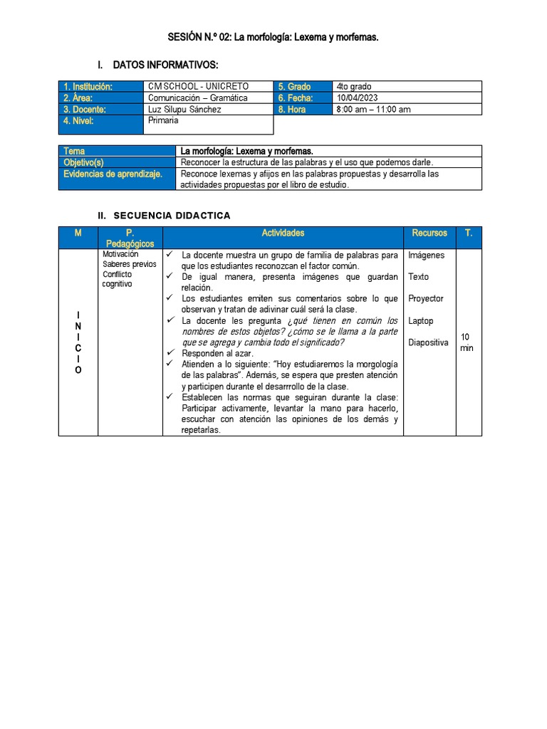 Sesión de Gramática - 4to Grado - Lexema y Morfemas. | PDF | Morfología ...