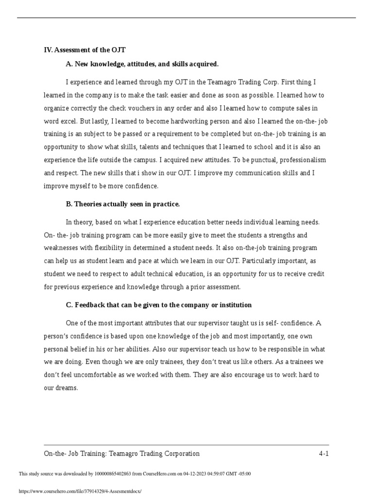 IV. Assessment of The OJT A. New Knowledge, Attitudes, and Skills Acquired | PDF | Cognition ...