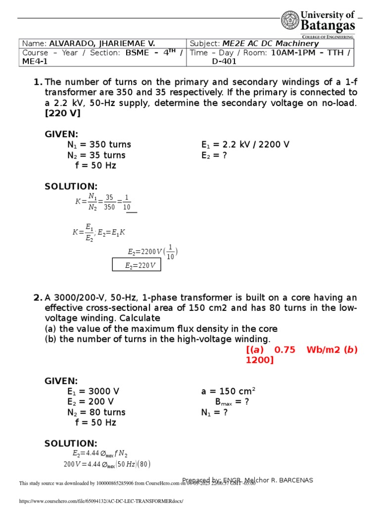The Number of Turns On The Primary and Secondary Windings of A 1-f ...