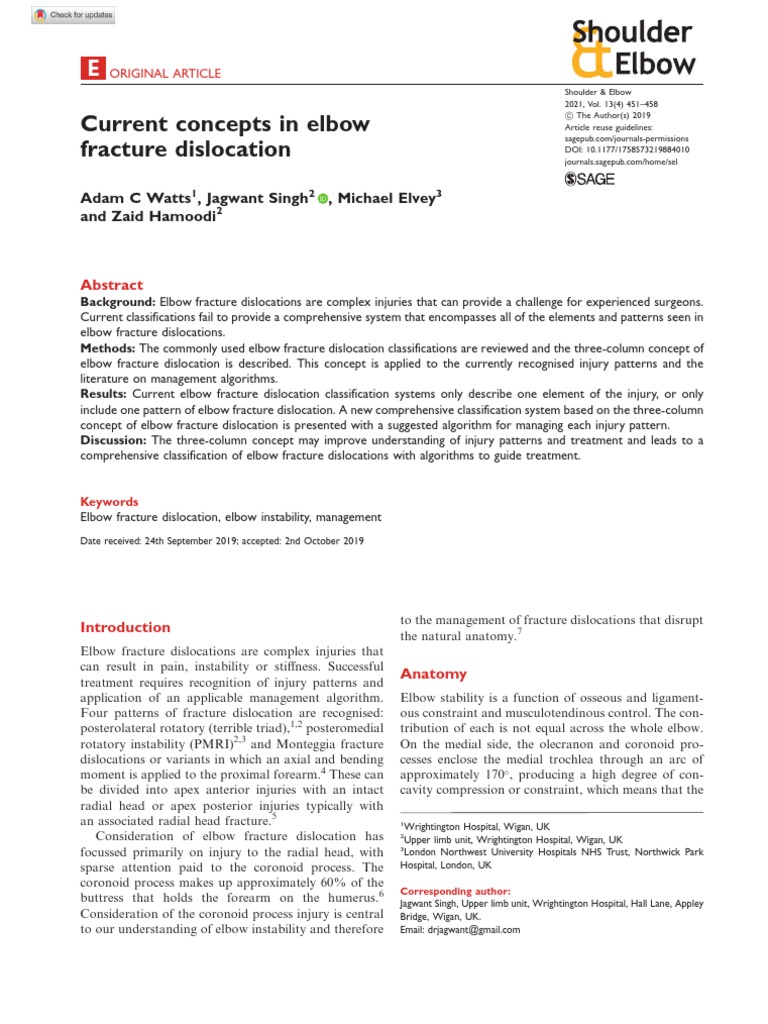 Current Concepts in Elbow Fracture Dislocation: Adam C Watts, Jagwant ...