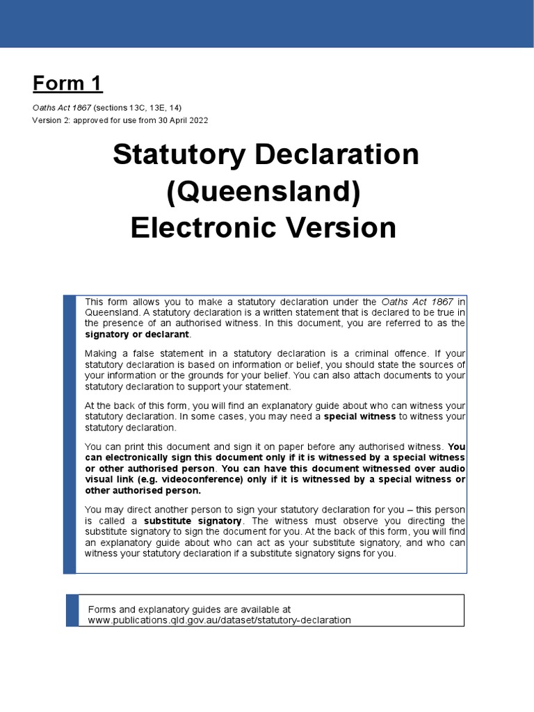 Form 1 Version 2 Statutory Declaration Form Electronic Version | PDF ...
