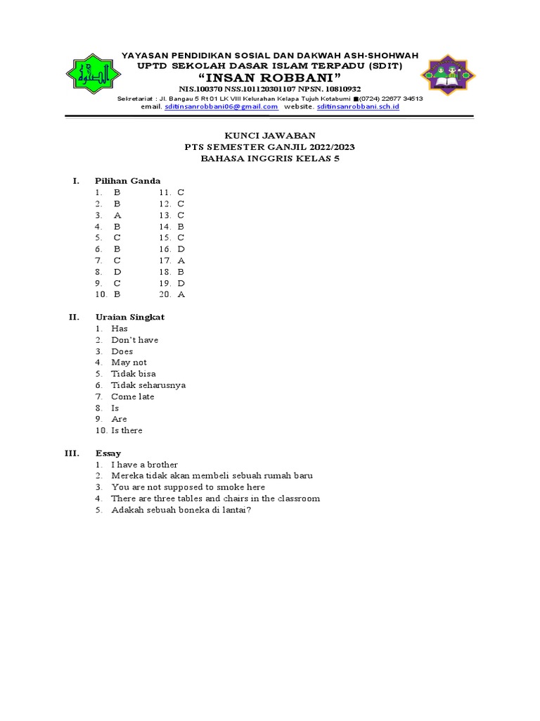 Kunci Jawaban PTS Ganjil 2022-1 | PDF