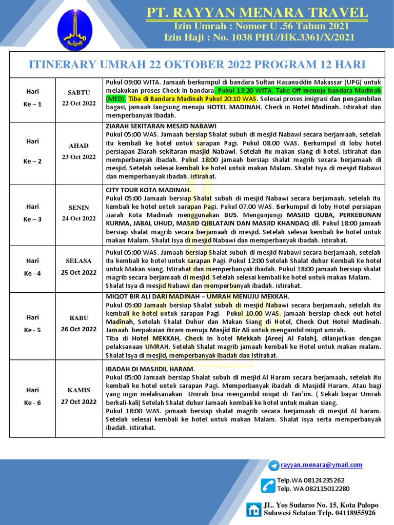 Itinerary Umrah PT. Rayyan Menara Travel | PDF