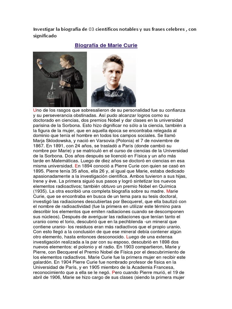 Biografía de Marie Curie y sus logros | PDF | Marie Curie | Charles Darwin