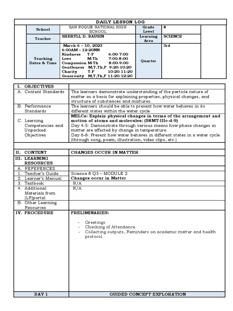 Science 8 Q3 Week 4 - DLL Bausin | PDF | Learning | Matter