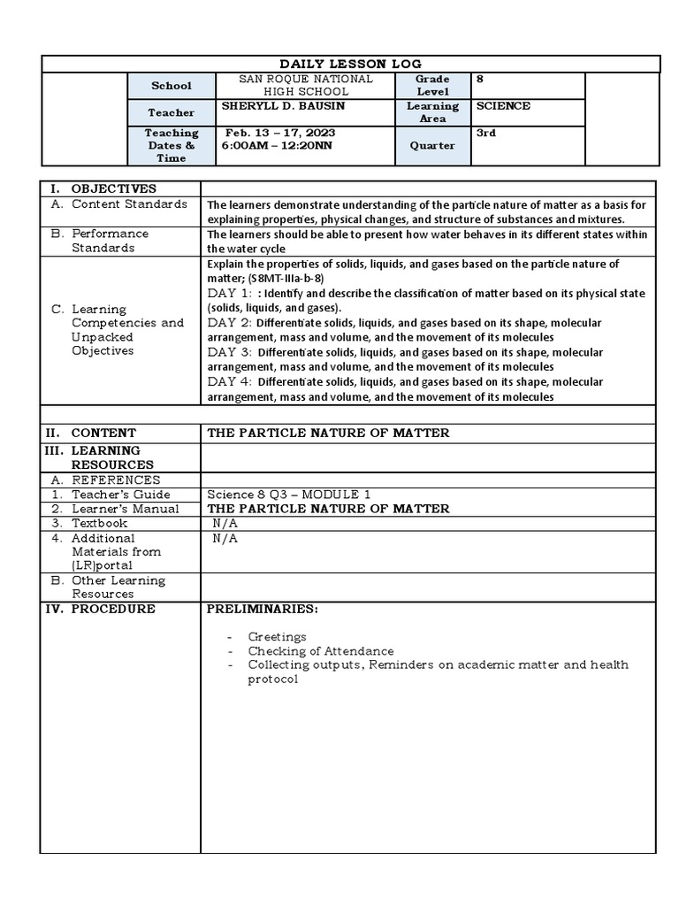 Science 8 Q3 Week 1 - DLL Bausin | PDF | Matter | Mixture