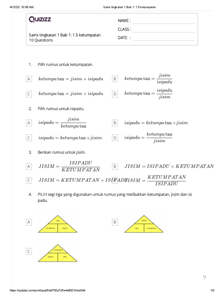 Sains Tingkatan 1 Bab 1 - 1.5 Ketumpatan | PDF
