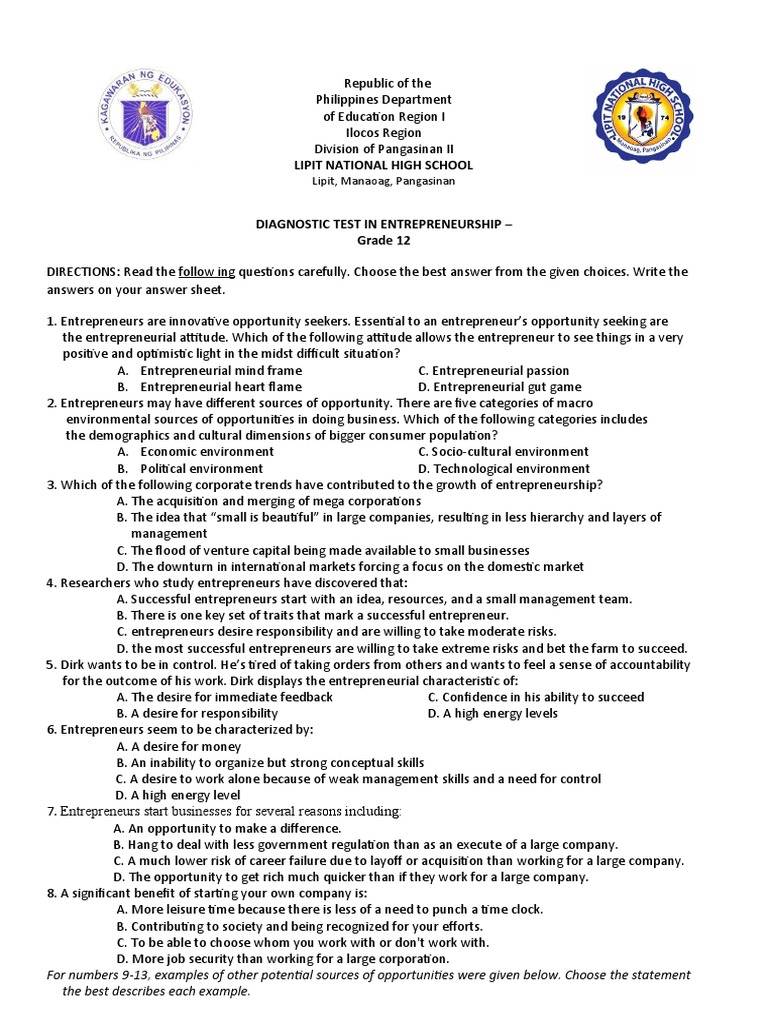 Diagnostic Test in Entrepreneurship | PDF | Entrepreneurship | Market ...