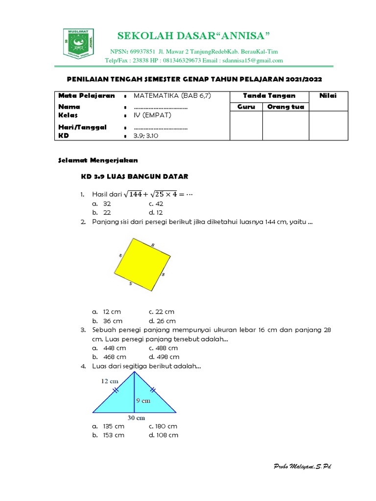 SOAL Math PTS BAB 6,7 Even Semester Kisi-Kisi | PDF