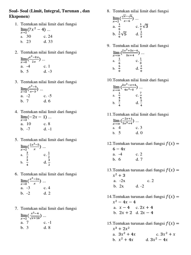 Soal-Soal (Limit, Integral, Turunan, Dan Eksponen) | PDF