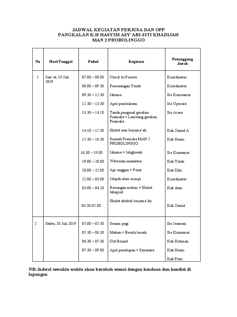 Jadwal Kegiatan Perjusa Dan Opp | PDF