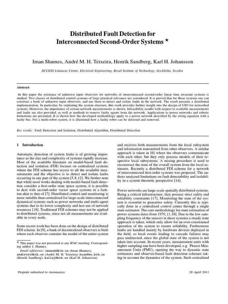 2 Distributed Fault Detection For Interconnected Second Order Systems Pdf Matrix