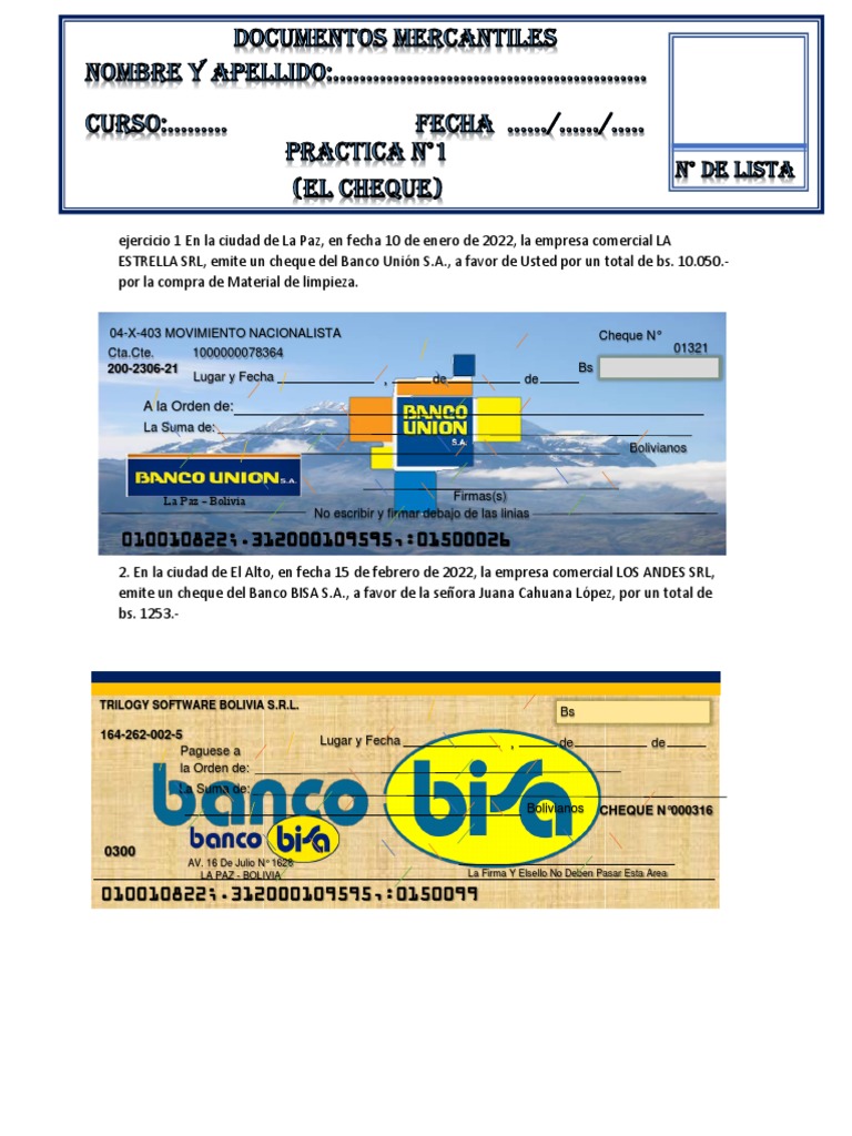 Tipos y Ejemplos de Cheques en Bolivia | PDF | Bolivia | Bancos
