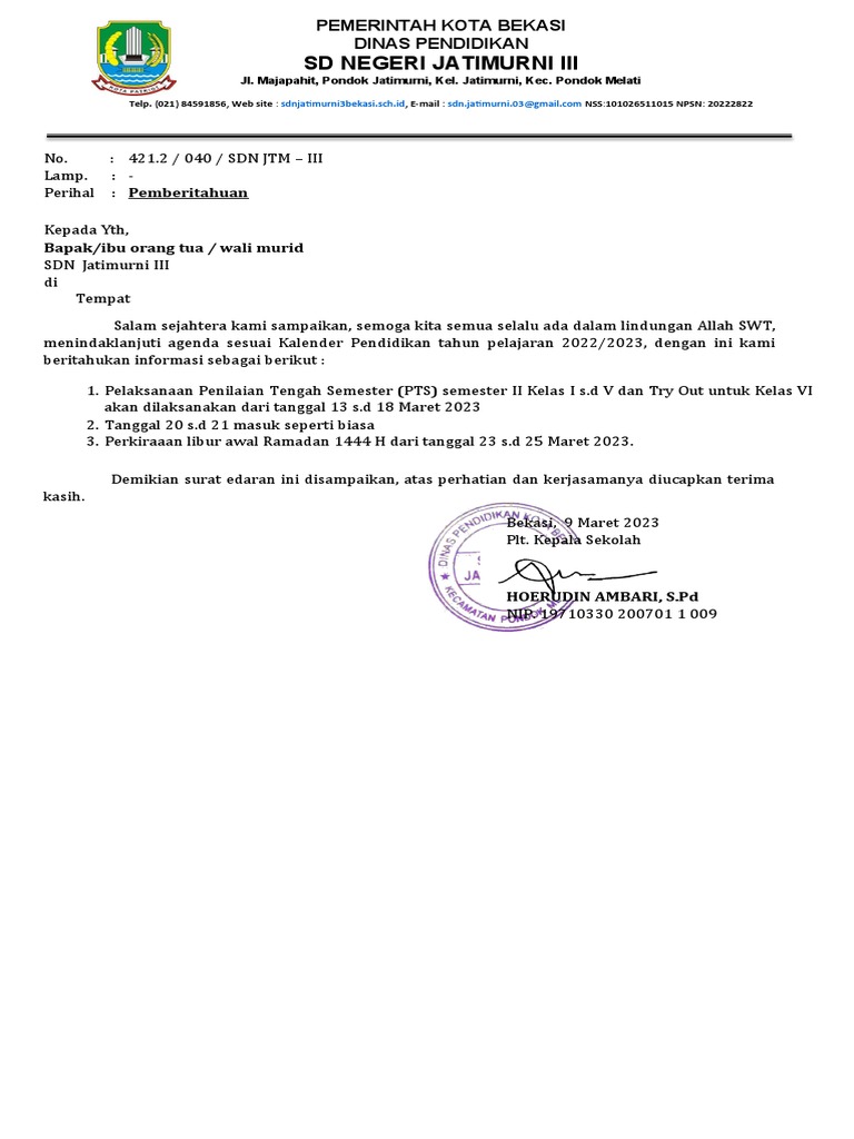 Surat Edaran PTS, Try Out 2023 | PDF