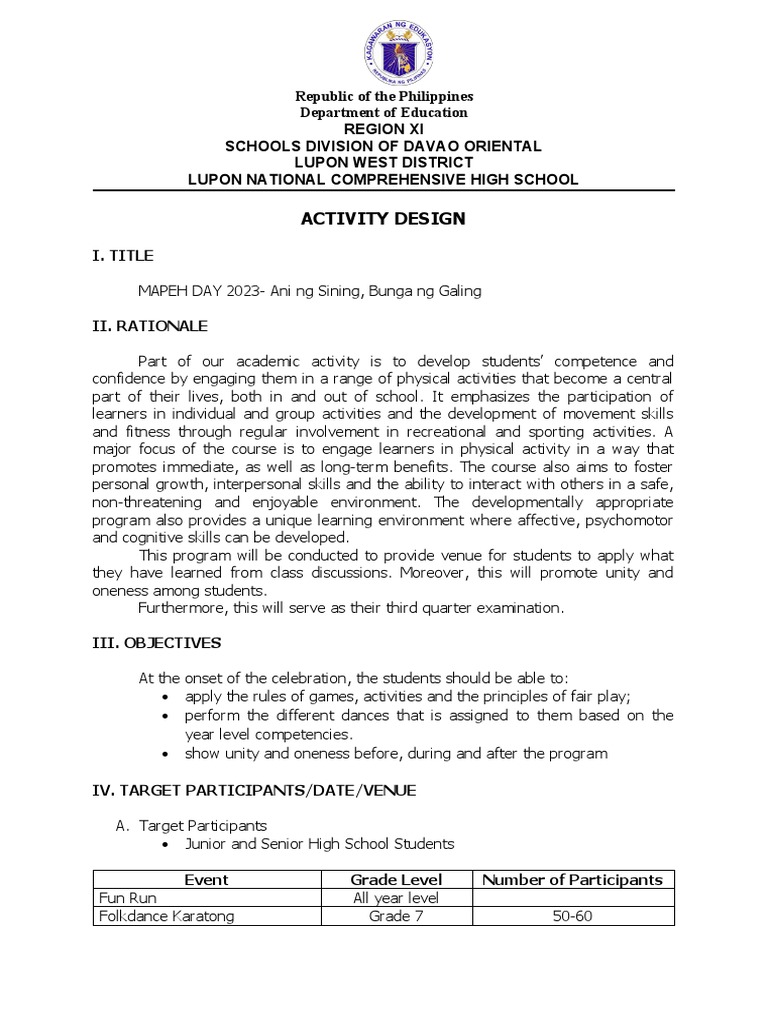 MAPEH Day 2023 Activity Design | PDF | Learning | Behavior Modification