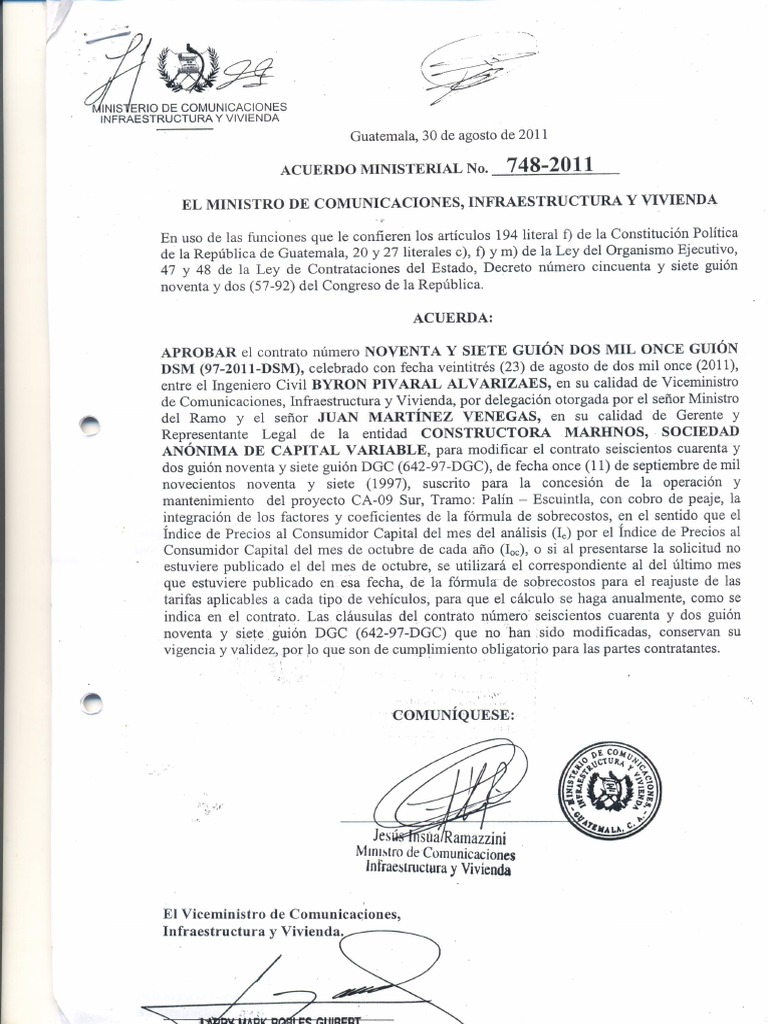 Acuerdo Ministerial 748-2011 Aprobacion Contrato 97-2011 Modificatorio ...