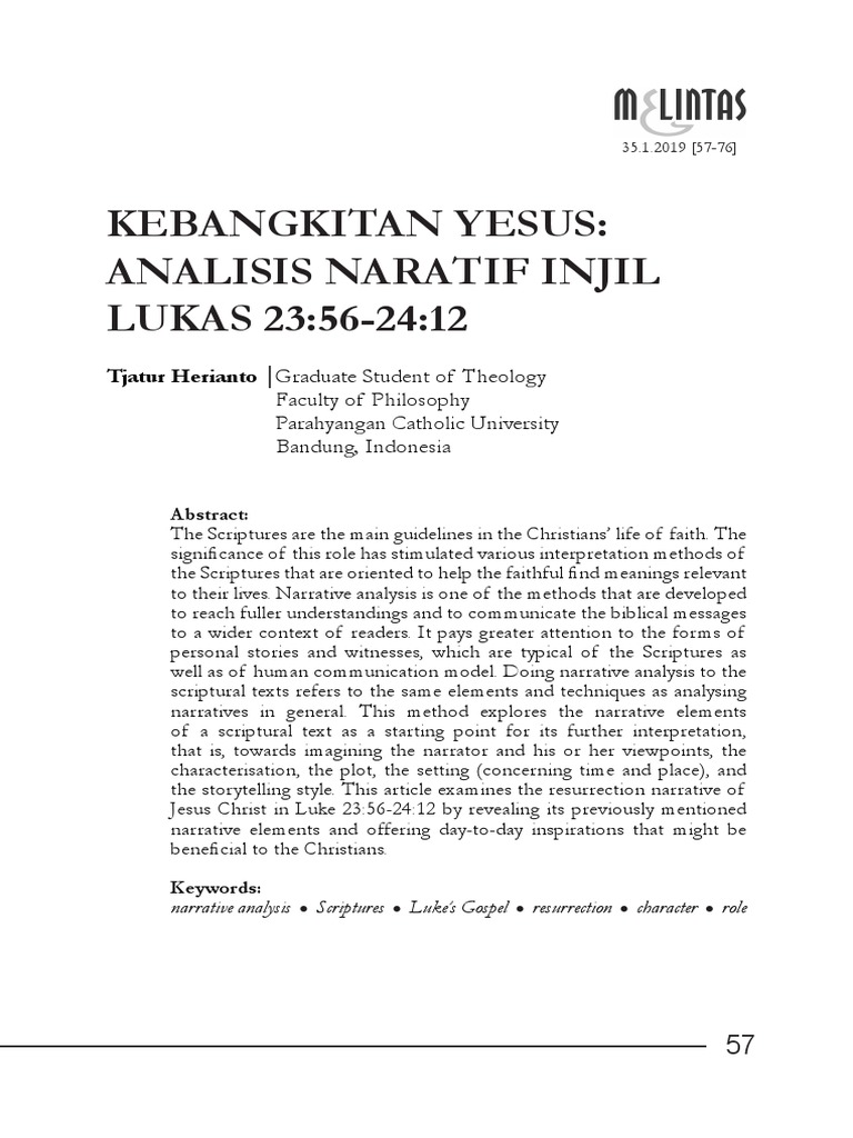 Kebangkitan Yesus: Analisis Naratif Injil LUKAS 23:56-24:12: Tjatur Herianto Graduate Student of ...