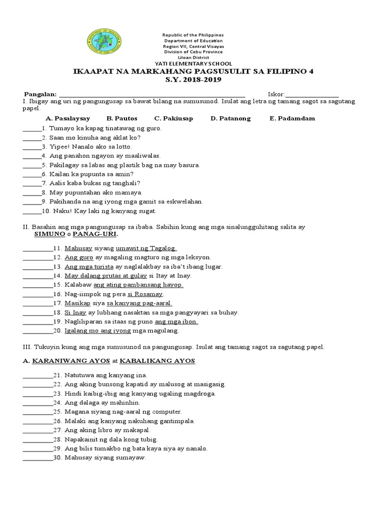 Test Paper Filipino 4th | PDF