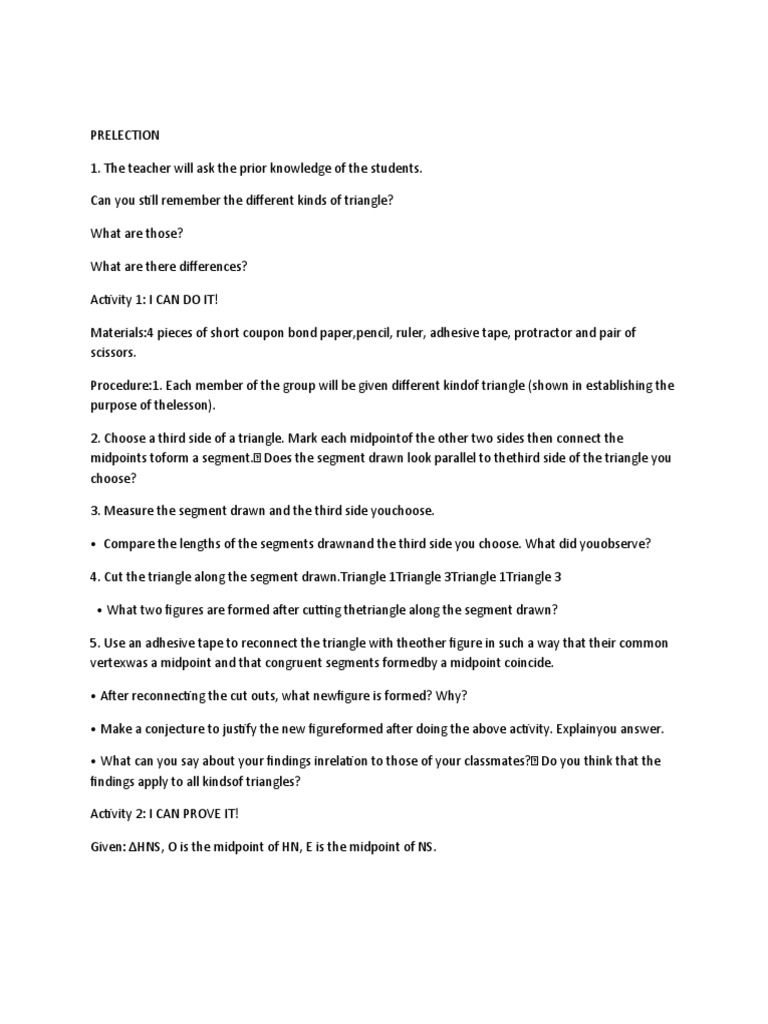 Ipp Lesson Plan Midline Theorem | PDF | Triangle | Perpendicular