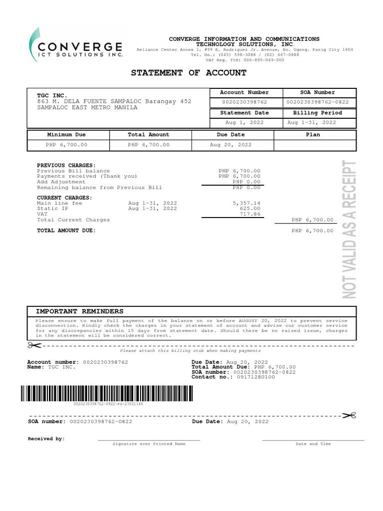 Statement of Account: 863 M. DELA FUENTE SAMPALOC Barangay 452 Sampaloc ...