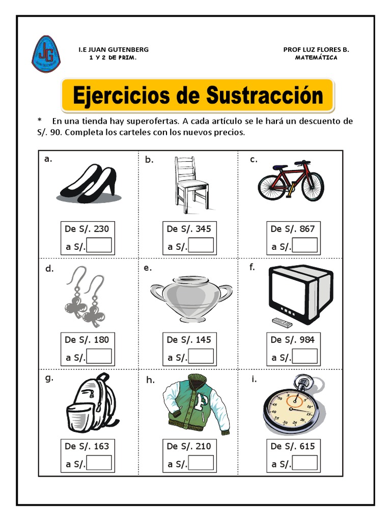 Ejercicios de Sustracción - Matemática | PDF | Métodos y materiales de ...