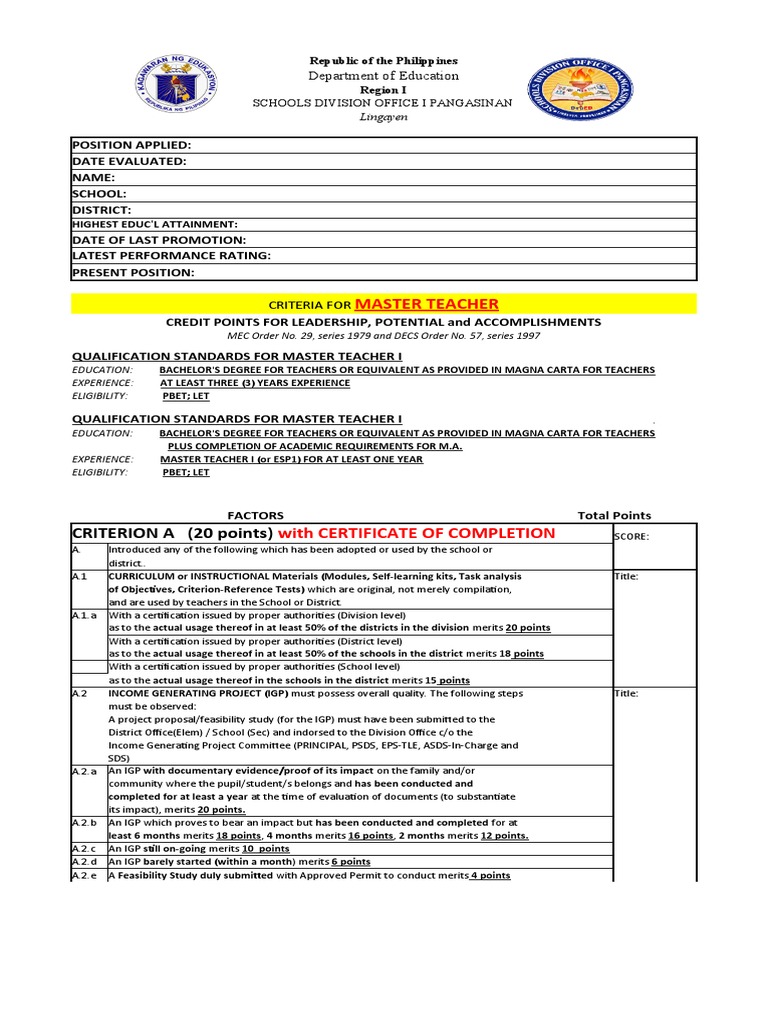 Master Teacher Application Form and Evaluation Criteria | PDF ...