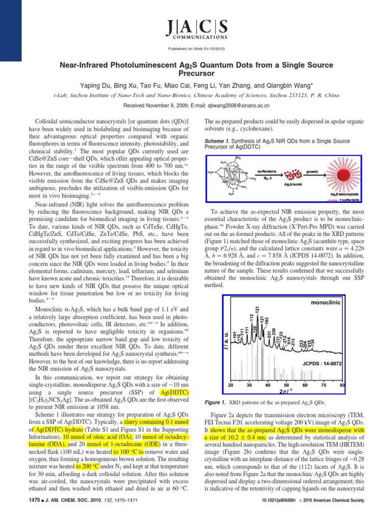 NIR Emission Ag2S Quantum Dots | PDF | Infrared | Condensed Matter Physics