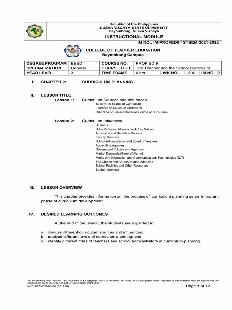 TTSC MODULE 2 (Chapter 2 - Curriculum Planning) | PDF