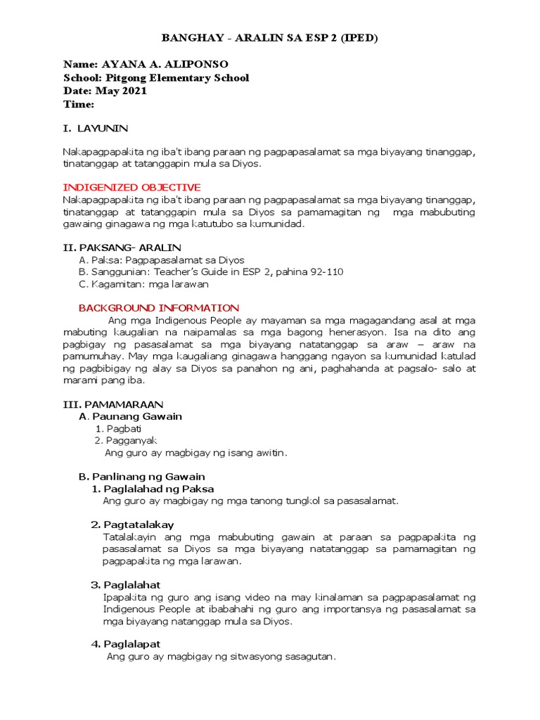 Banghay - Aralin Sa Esp 2 (Iped) Name: Ayana A. Aliponso School ...