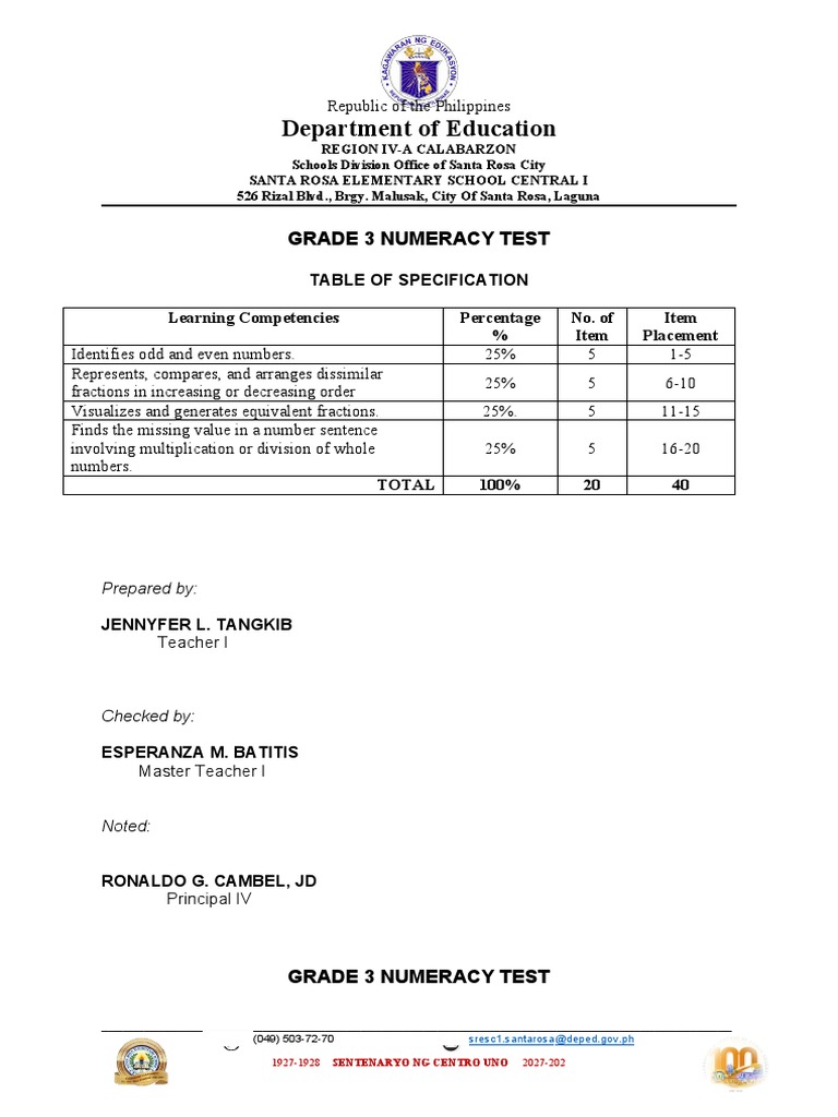 3RD Quarter Numeracy Test | PDF | Philippines