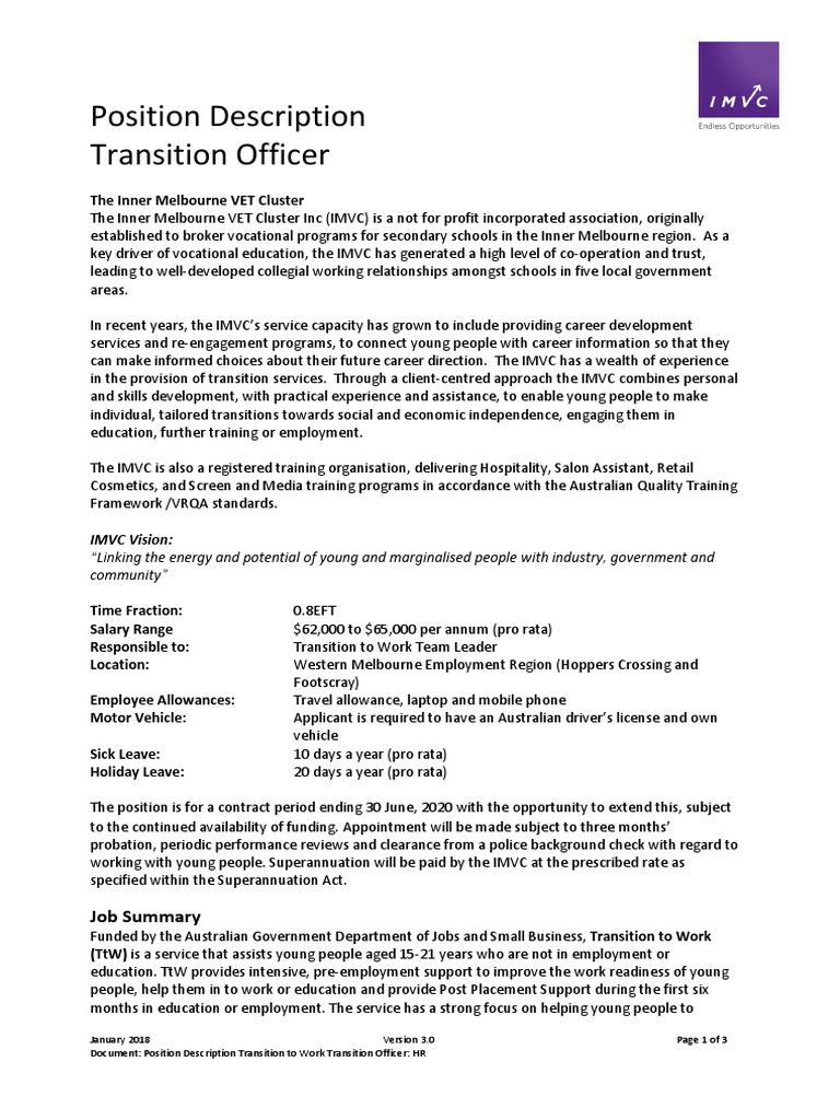 Position Description Transition Officer: The Inner Melbourne VET ...