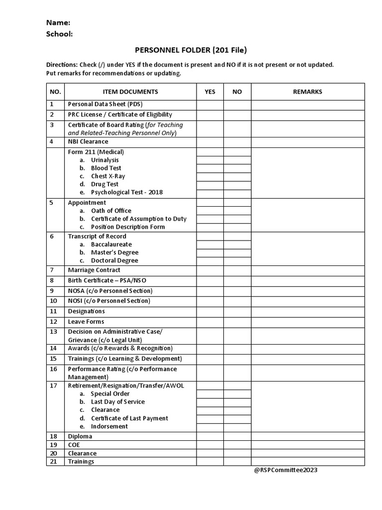 Name: School: Personnel Folder (201 File) | PDF