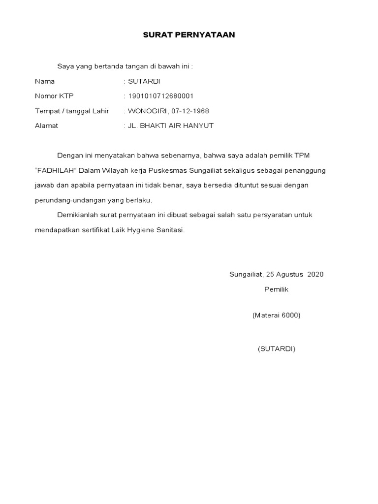 Contoh - Surat - Pernyataan - Pirt FADHILAH | PDF