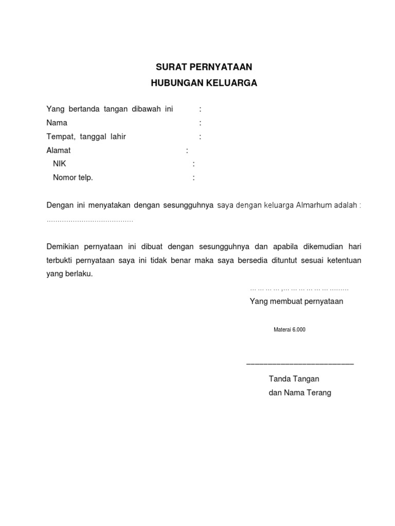 Files Layanan Formulir 20200701085034 Surat-Pernyataan-Hubungan-Keluarga | PDF