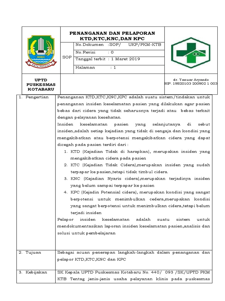 Penanganan Dan Pelaporan KTD, KTC, KNC, Dan KPC: Uptd Puskesmas Kotabaru | PDF