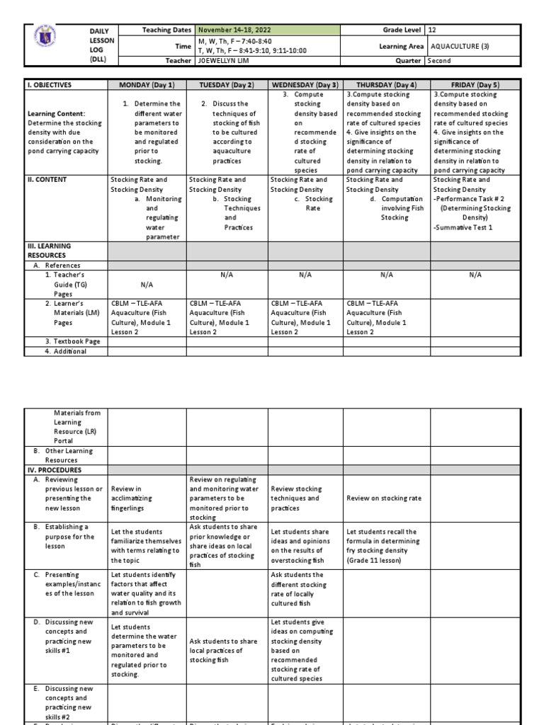 DLL Aqua12 q2 Week2 | PDF | Learning | Aquaculture