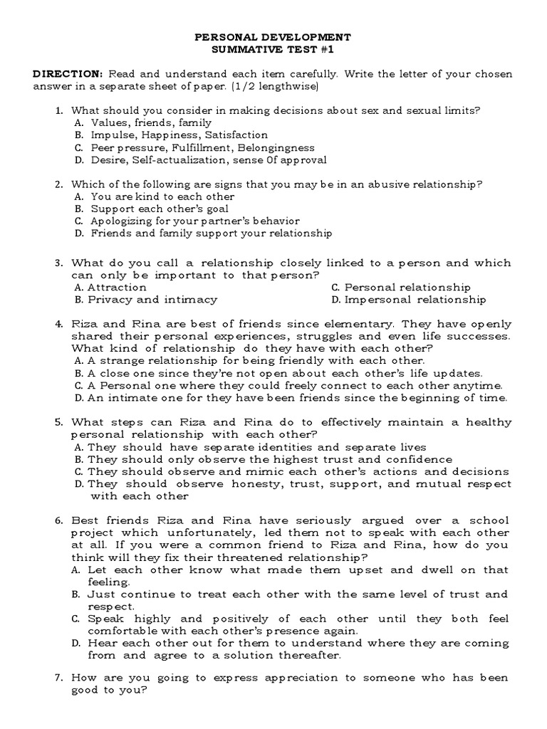 Personal Development Test Guide | PDF | Social Psychology ...